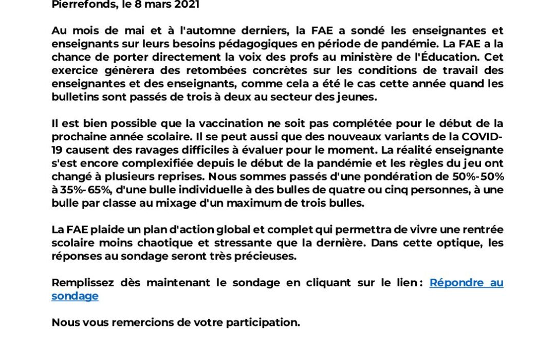 Communiqué_ Sondage de la FAE sur les besoins pédagogiques pour la ...